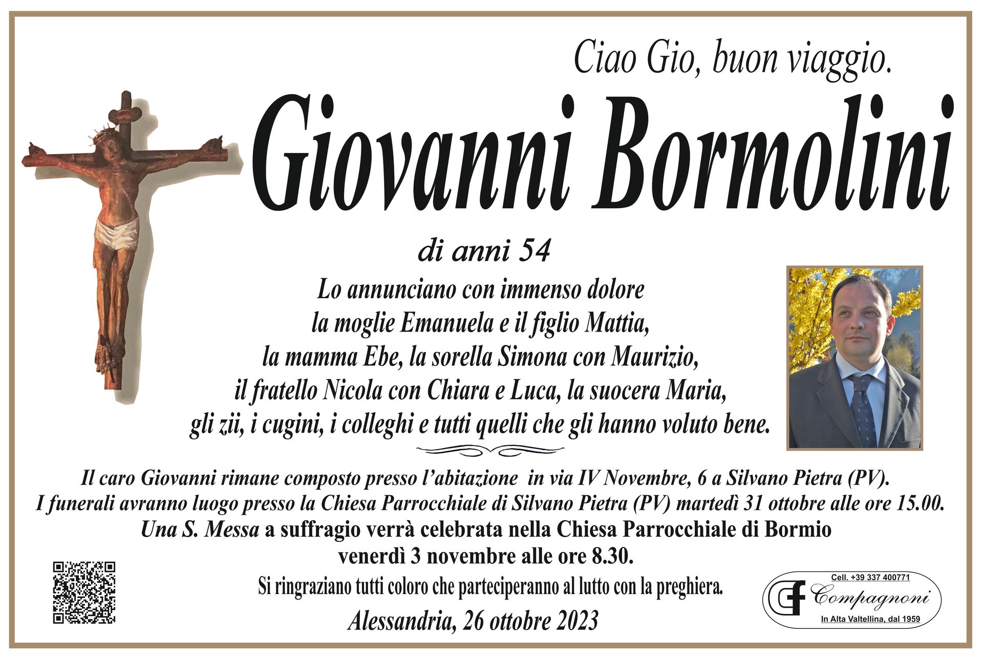 Lutto Giovanni Bormolini | Necrologi Bormio, Alta Valtellina