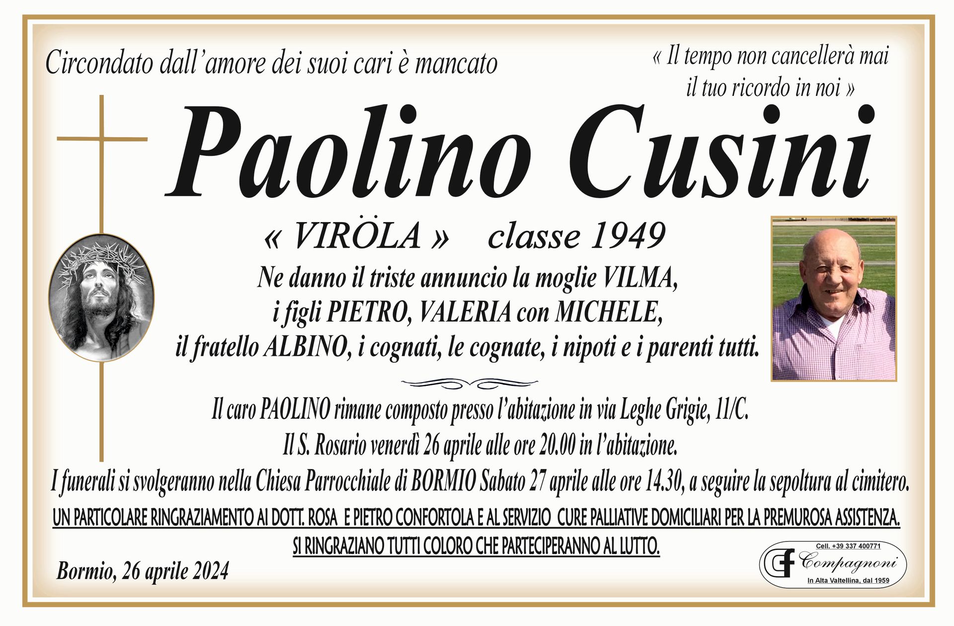 Lutto Paolino Cusini | Necrologi Bormio, Grosio