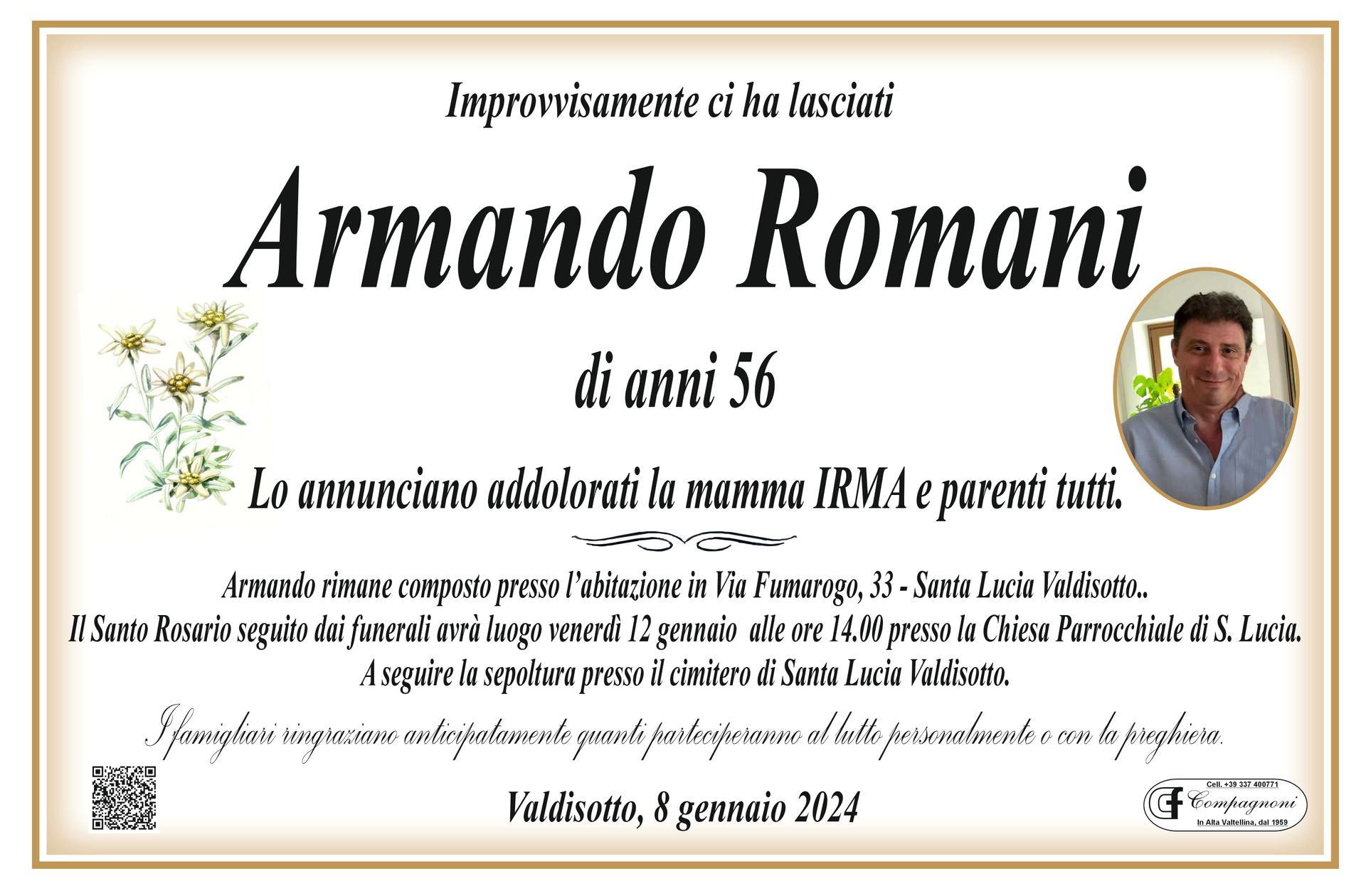 Lutto Armando Romani | Necrologi Valdisotto, Alta Valtellina