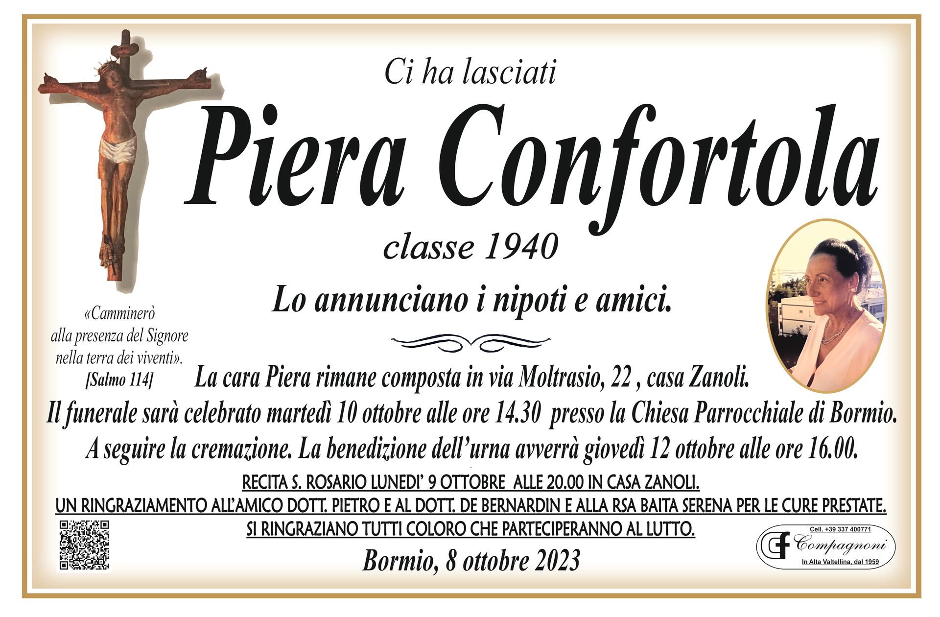 Lutto Piera Confortola | Necrologi Bormio, Alta Valtellina