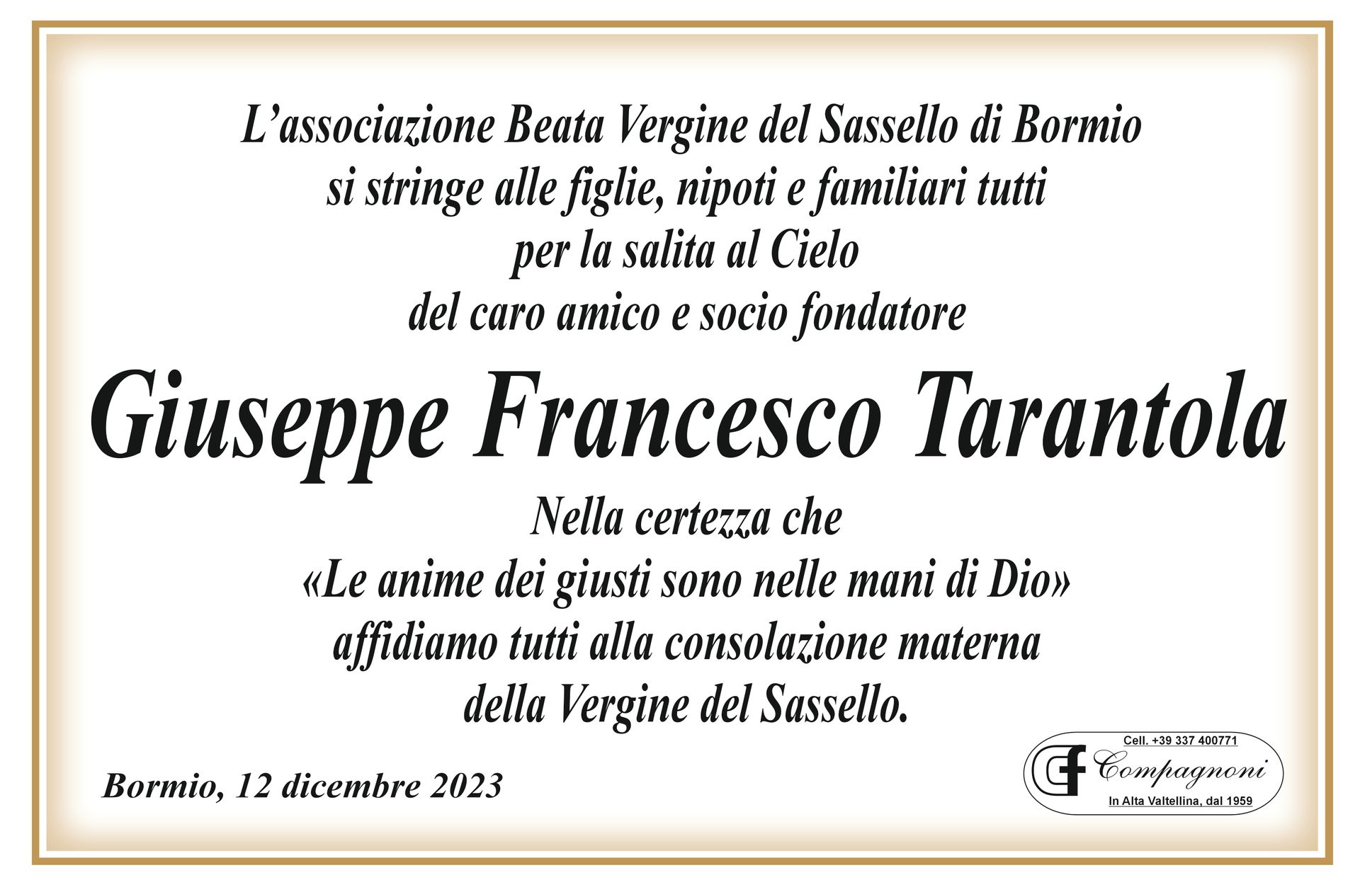 Lutto Giuseppe Francesco Tarantola | Necrologi Bormio, Milano