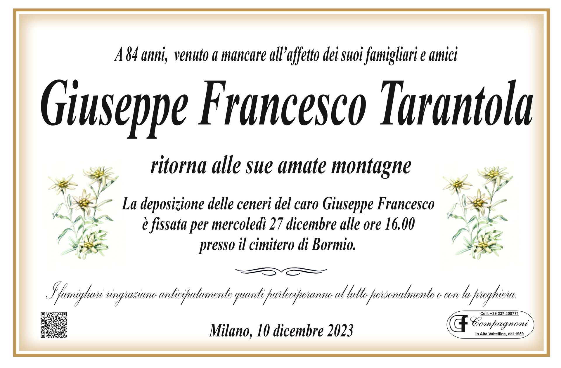 Lutto Giuseppe Francesco Tarantola | Necrologi Bormio, Milano
