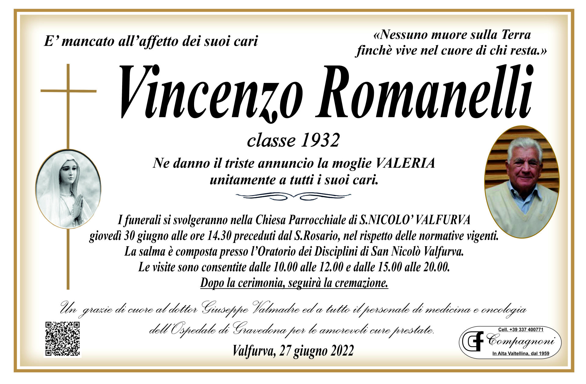 Lutto Vincenzo Romanelli | Necrologi Valfurva, Bormio