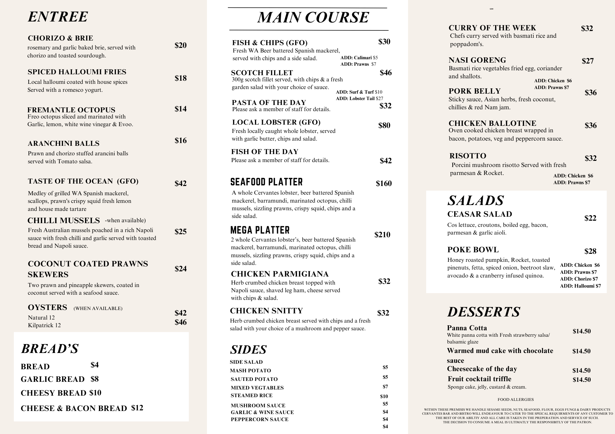 Cervantes Sports Bar & Bistro Menu featuring local lobster