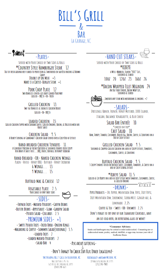 Bill's Grill - Wilson, NC - Menu
