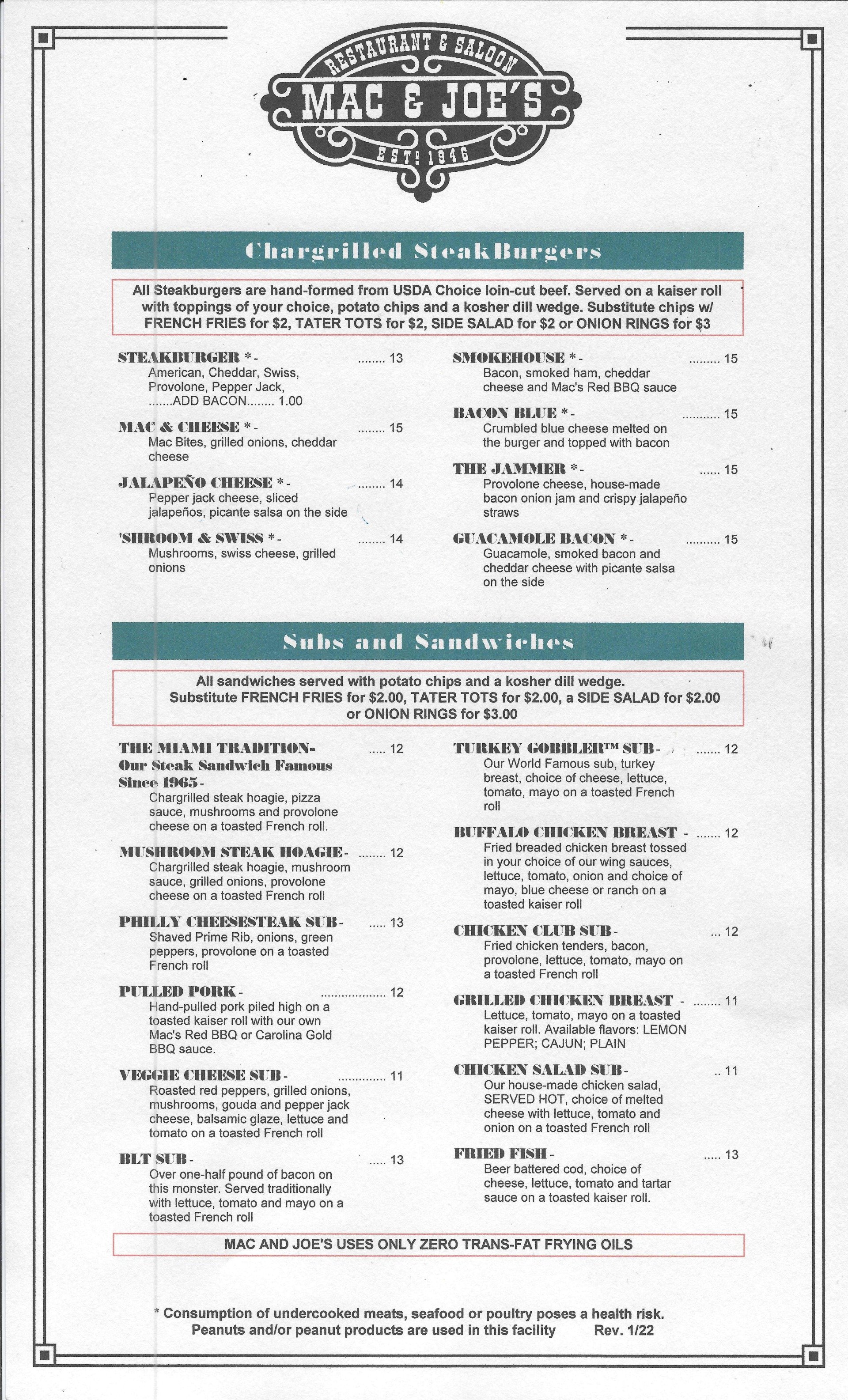 Mac & Joe's Menu