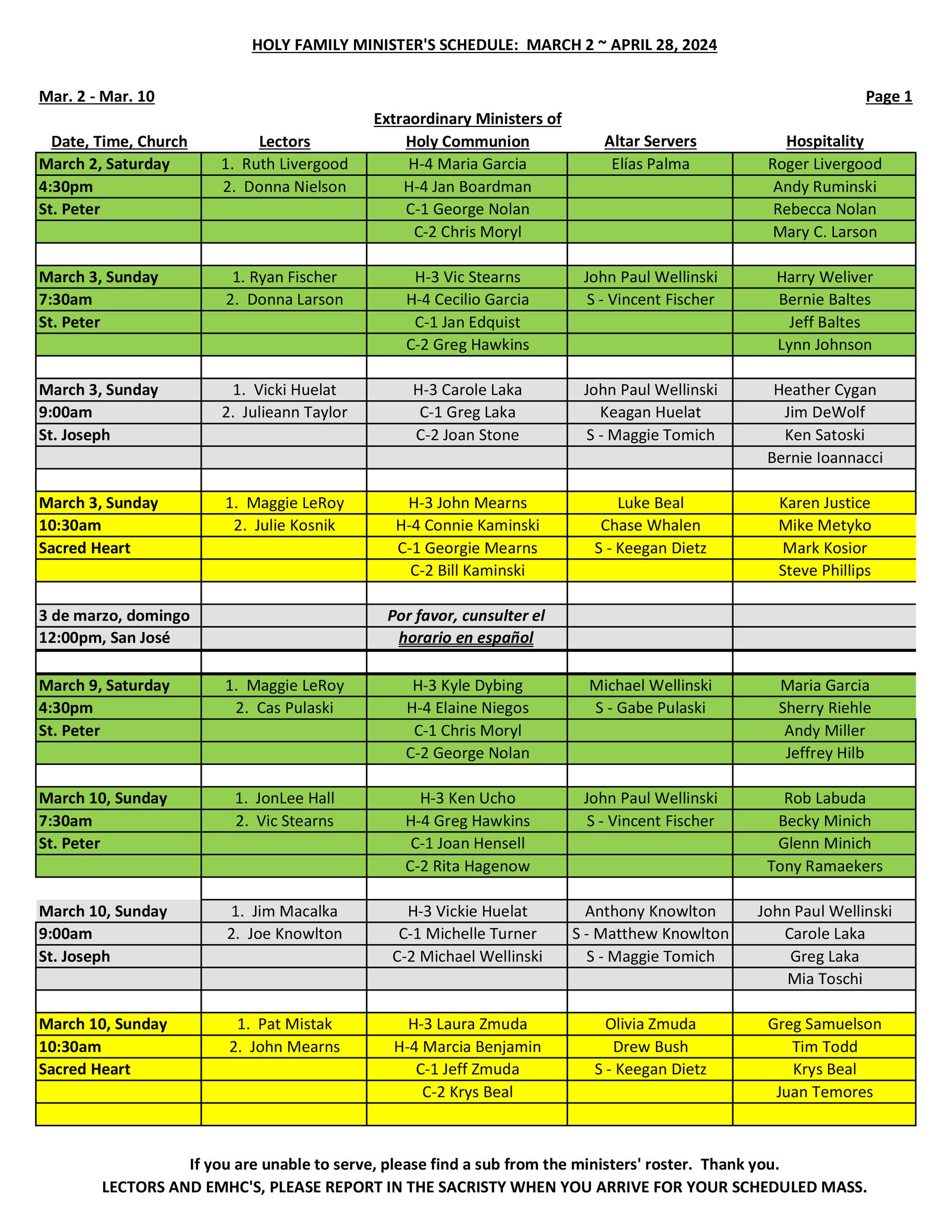 Ministers Schedule - HOLY FAMILY PARISH