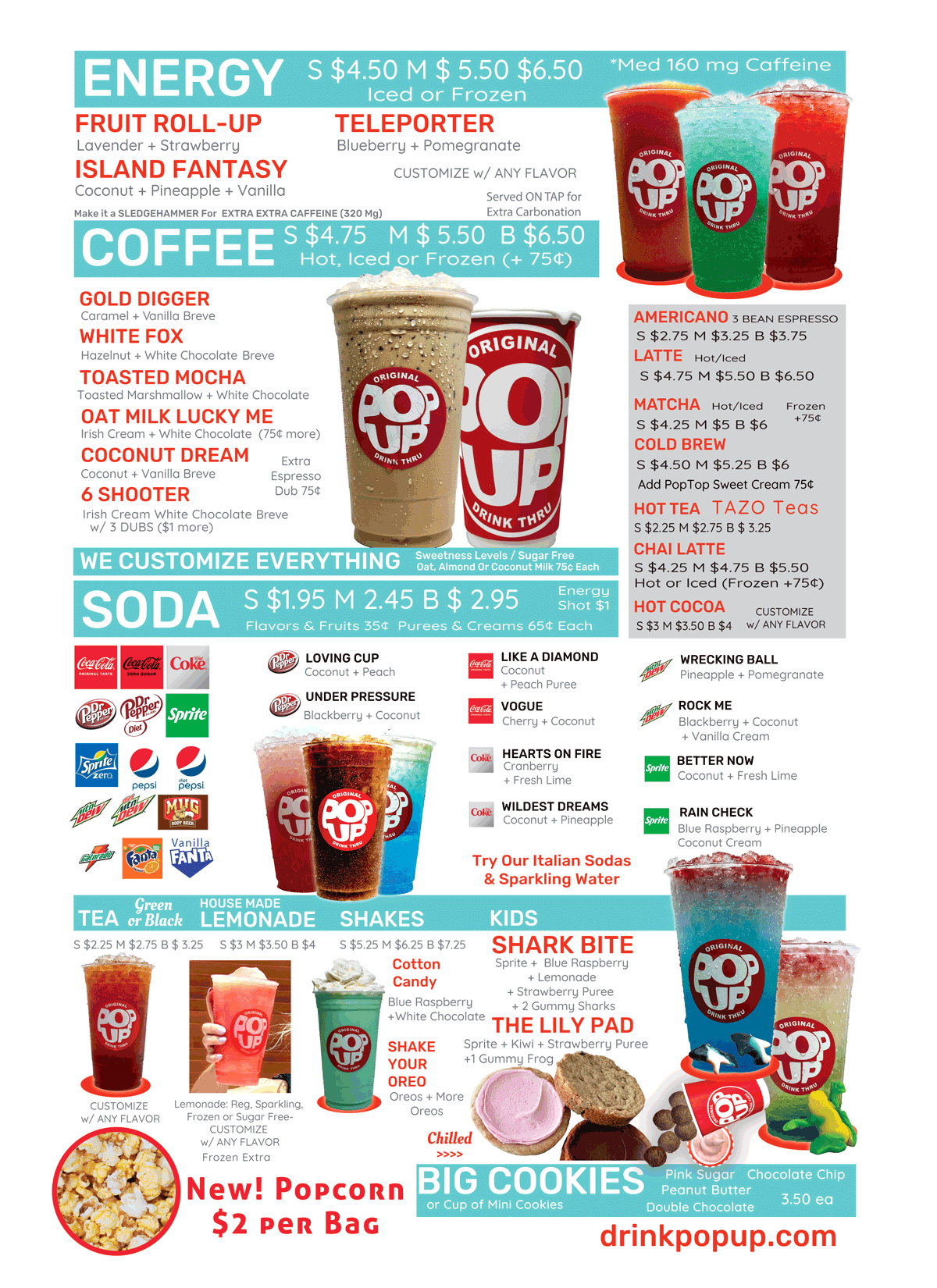 PopUp Drink Thru Menu- Energy, Soda, Coffee, Tea and More