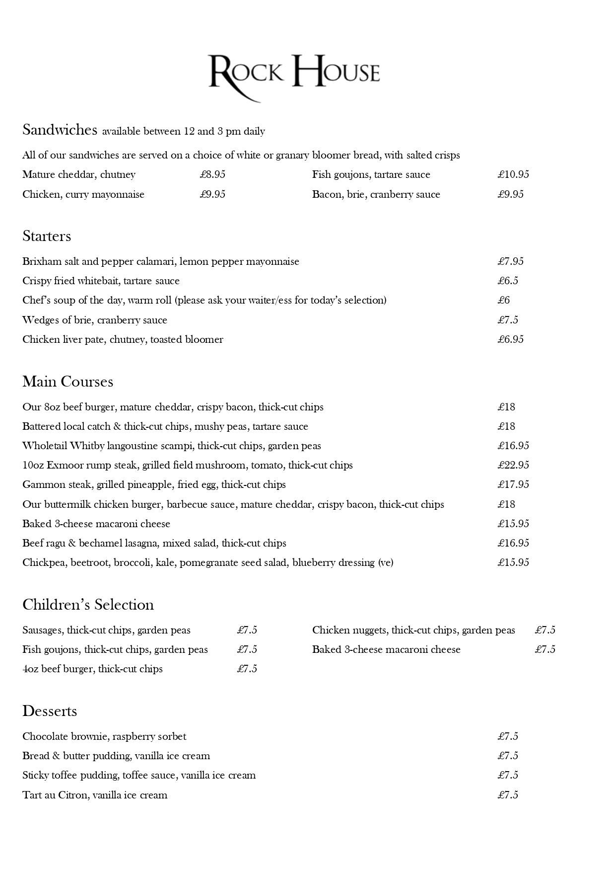 The Menu at Rock House Hotel