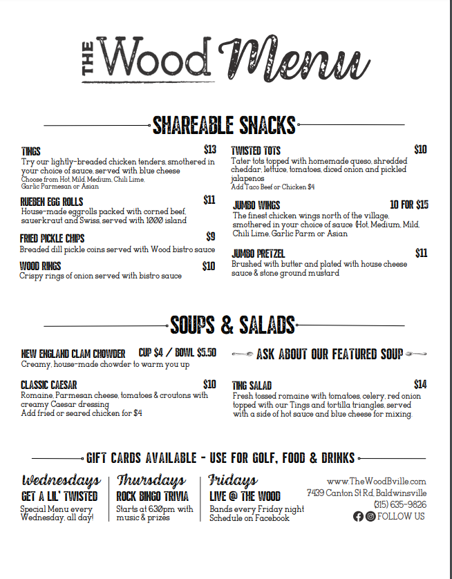 Menu | The Wood | Baldwinsville, NY