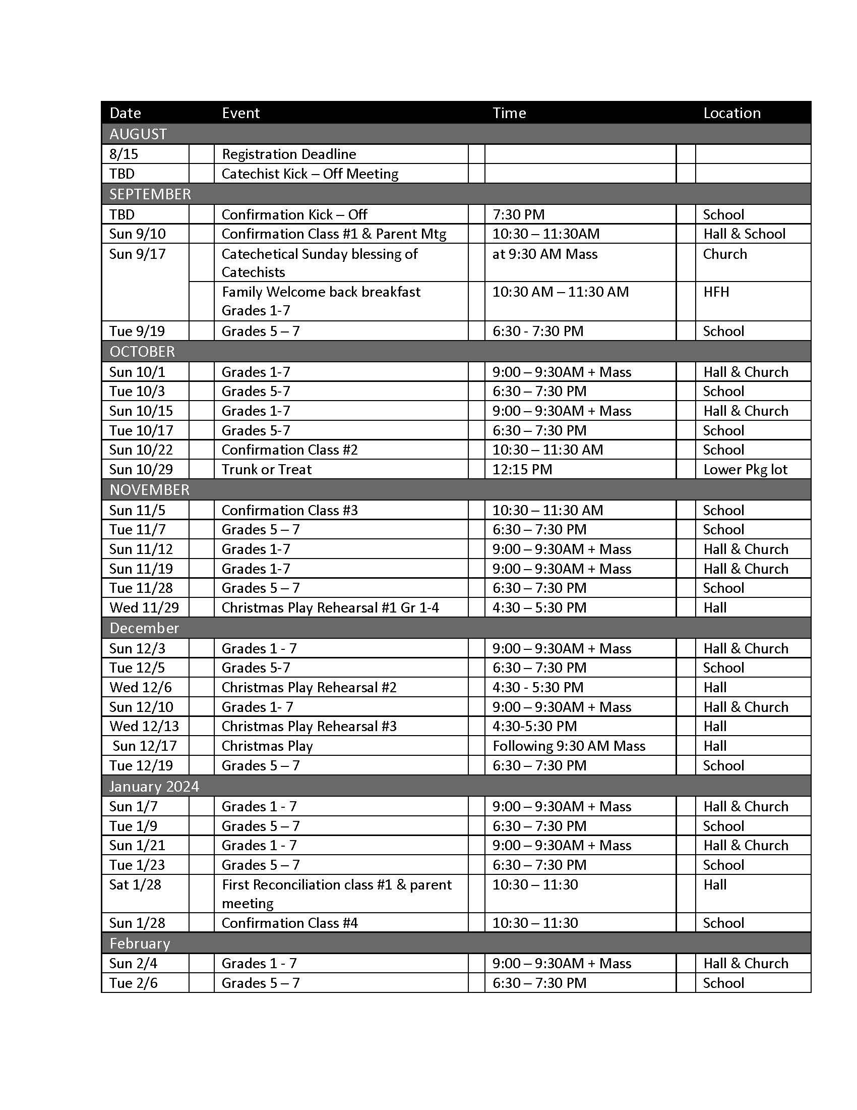 Holy Spirit Faith Formation Calendars