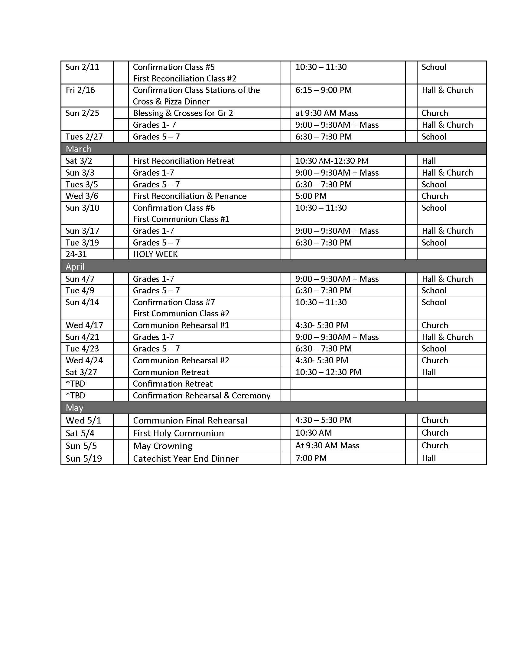 Holy Spirit Faith Formation Calendars