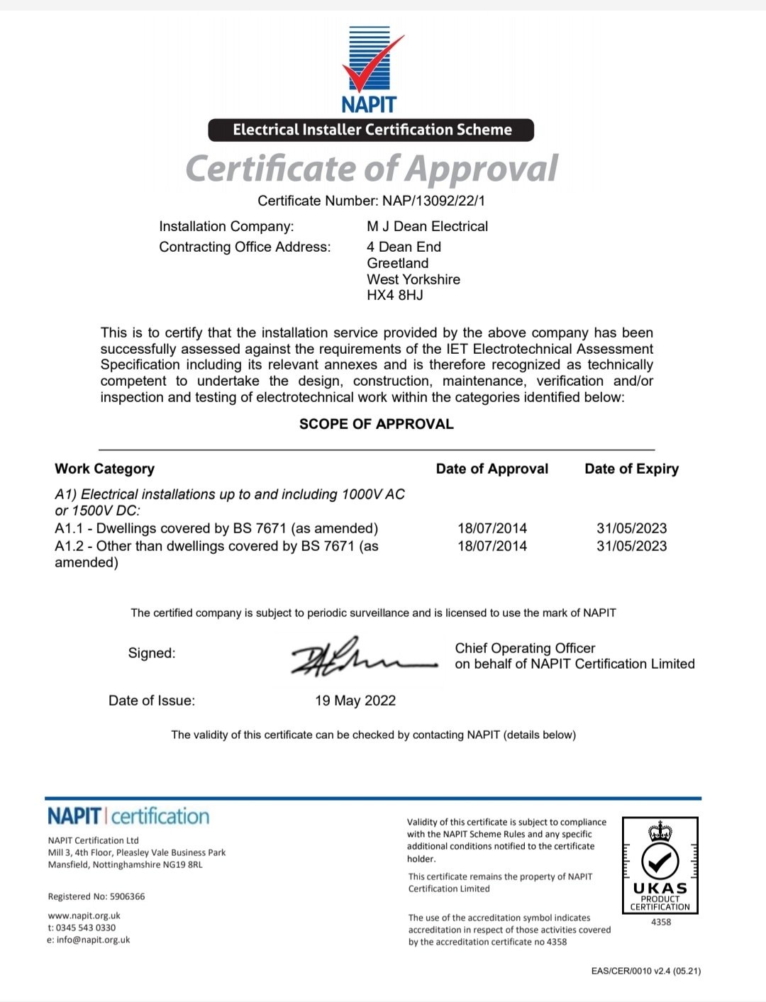 MJ Dean Electrical Accreditation