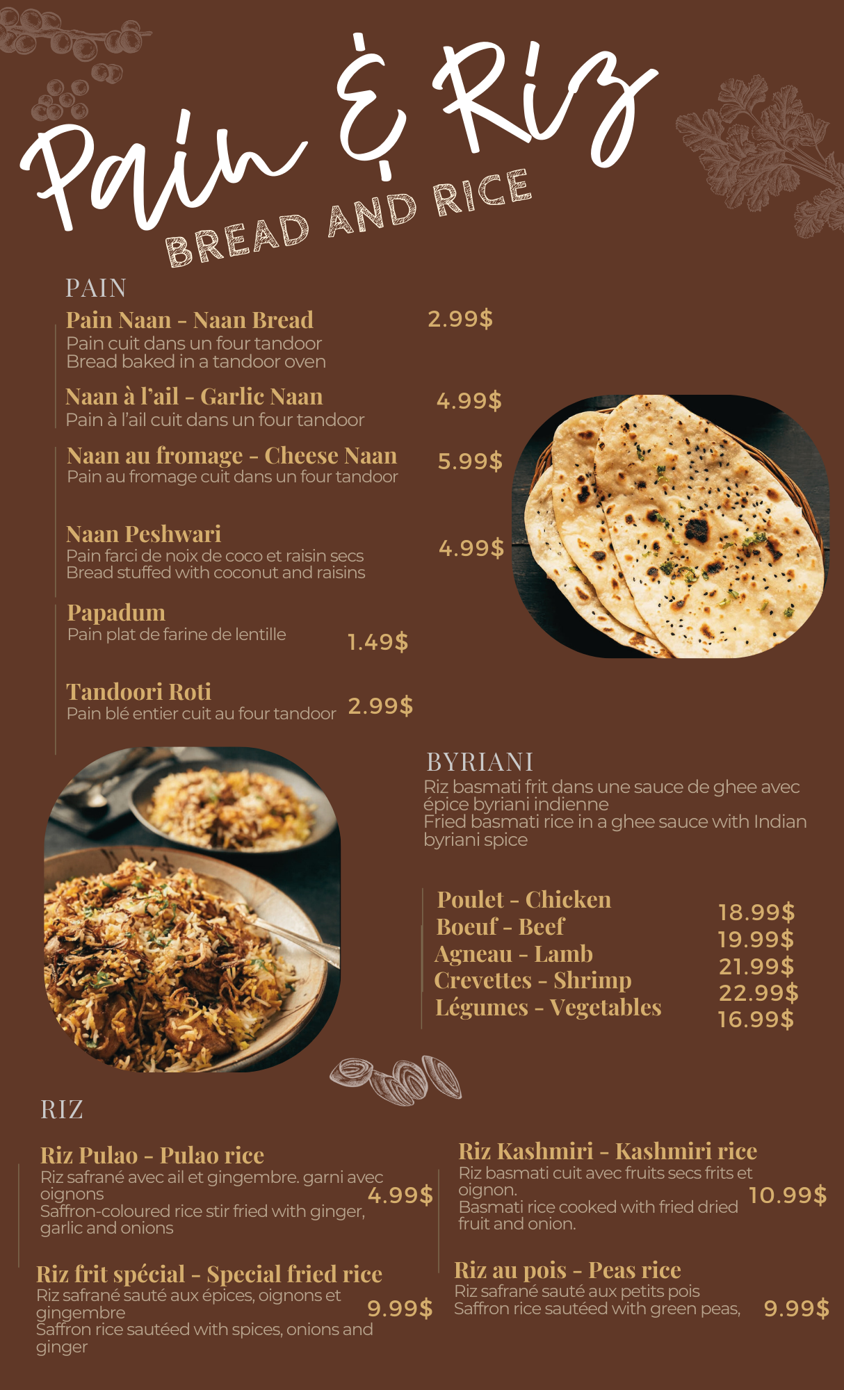 Menu du Restaurant Petite Inde - Plats Traditionnels Indiens