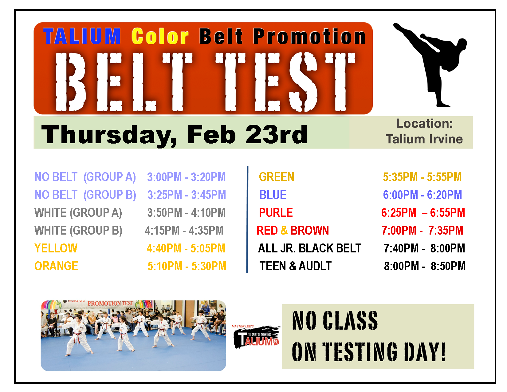 Announcements – Tustin, CA - Master Lee’s Talium