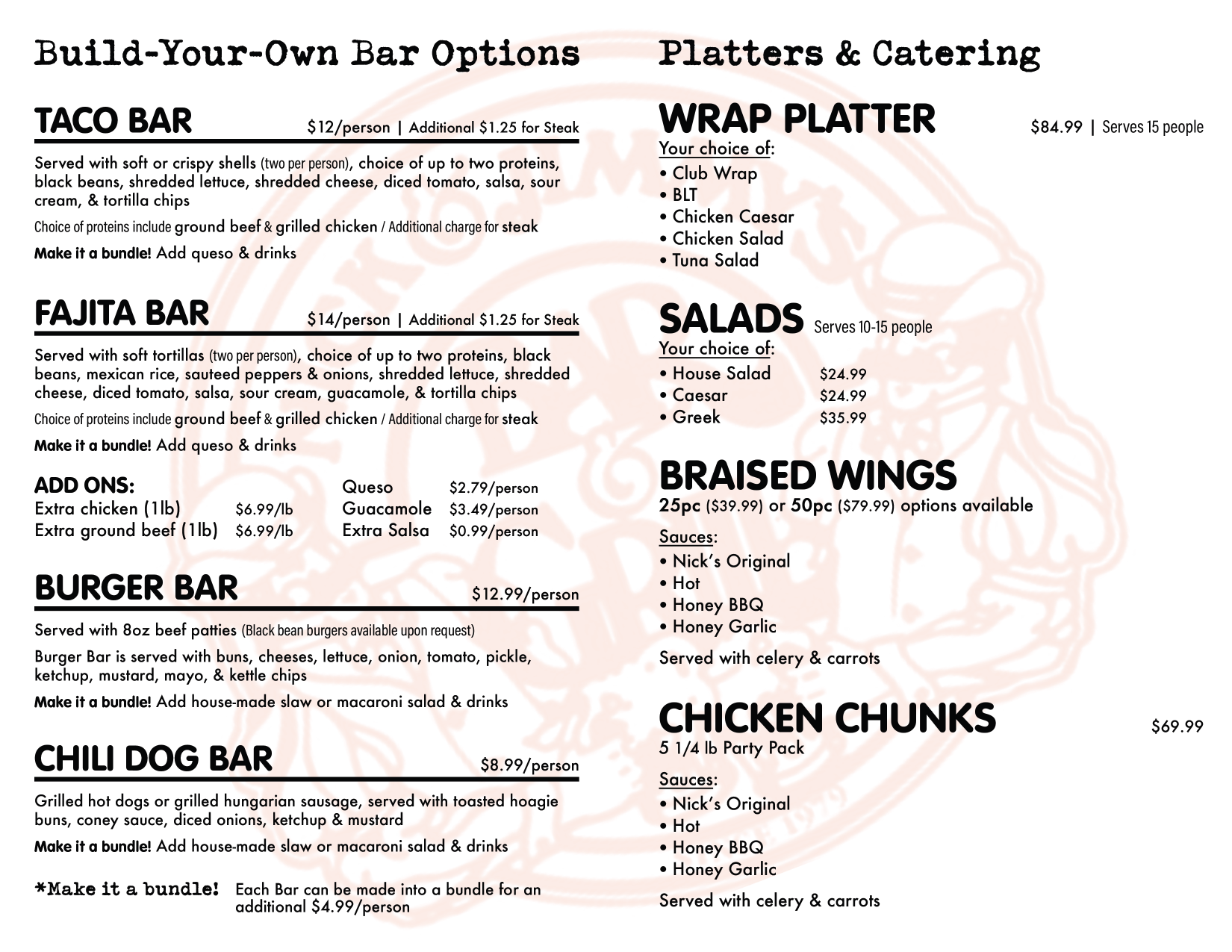 Catering Menu {Nick & Jimmy's Bar & Grill} Toledo, Ohio