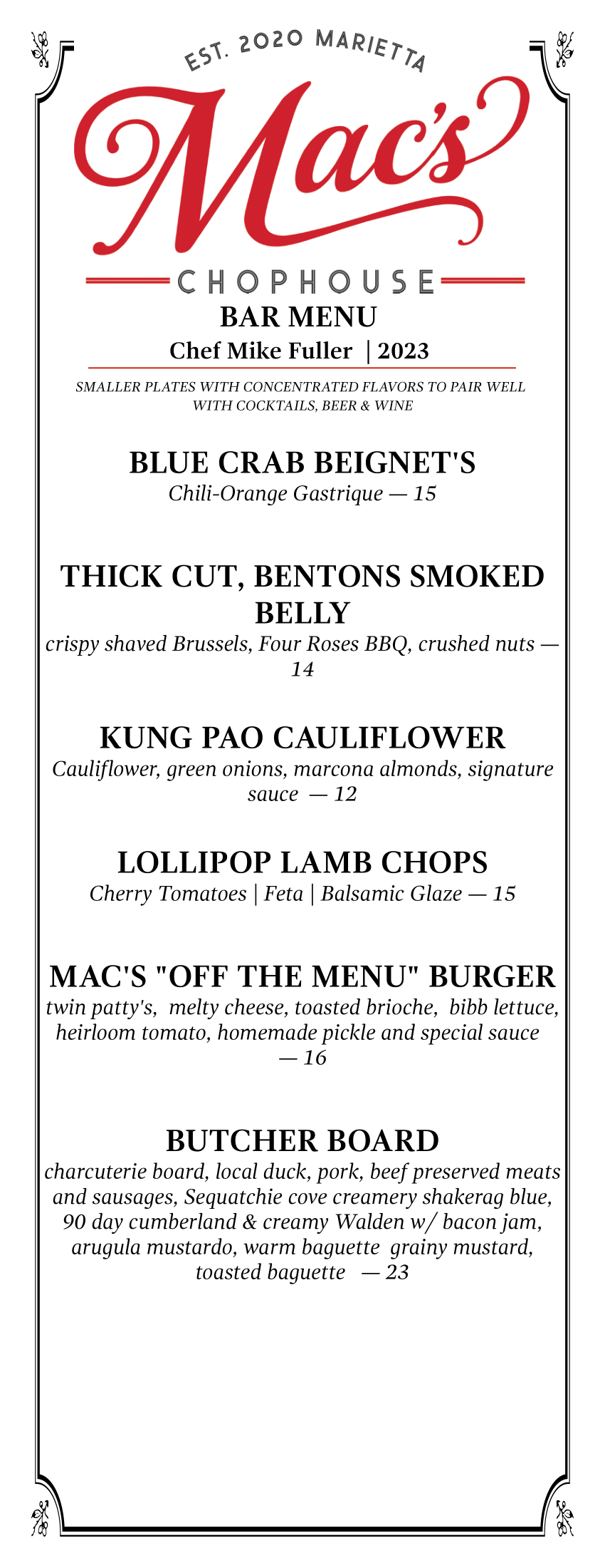 Bar Menu | Small Bites | Mac's Chophouse