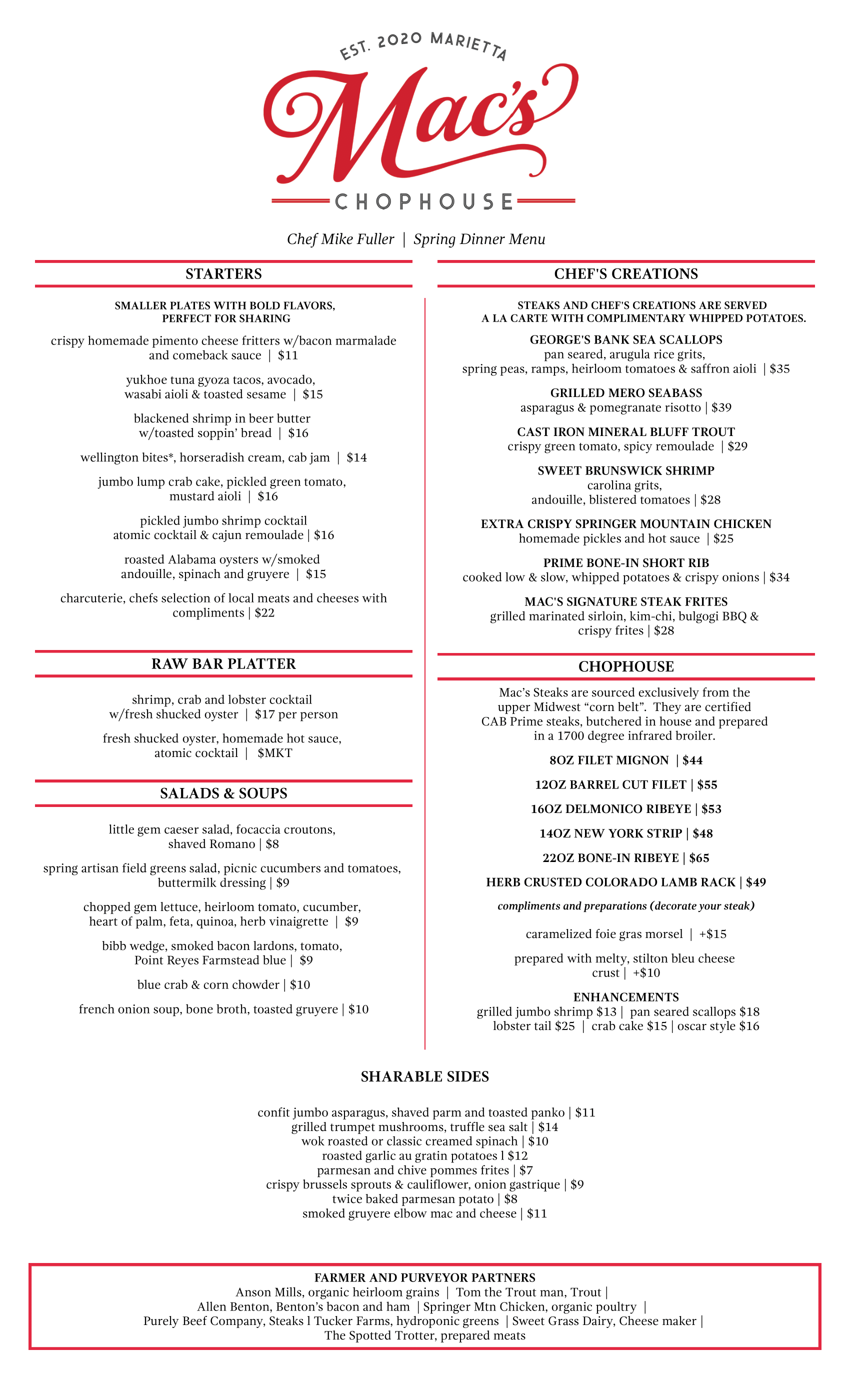 Dinner on the Square | Menu | Mac's Chophouse Marietta
