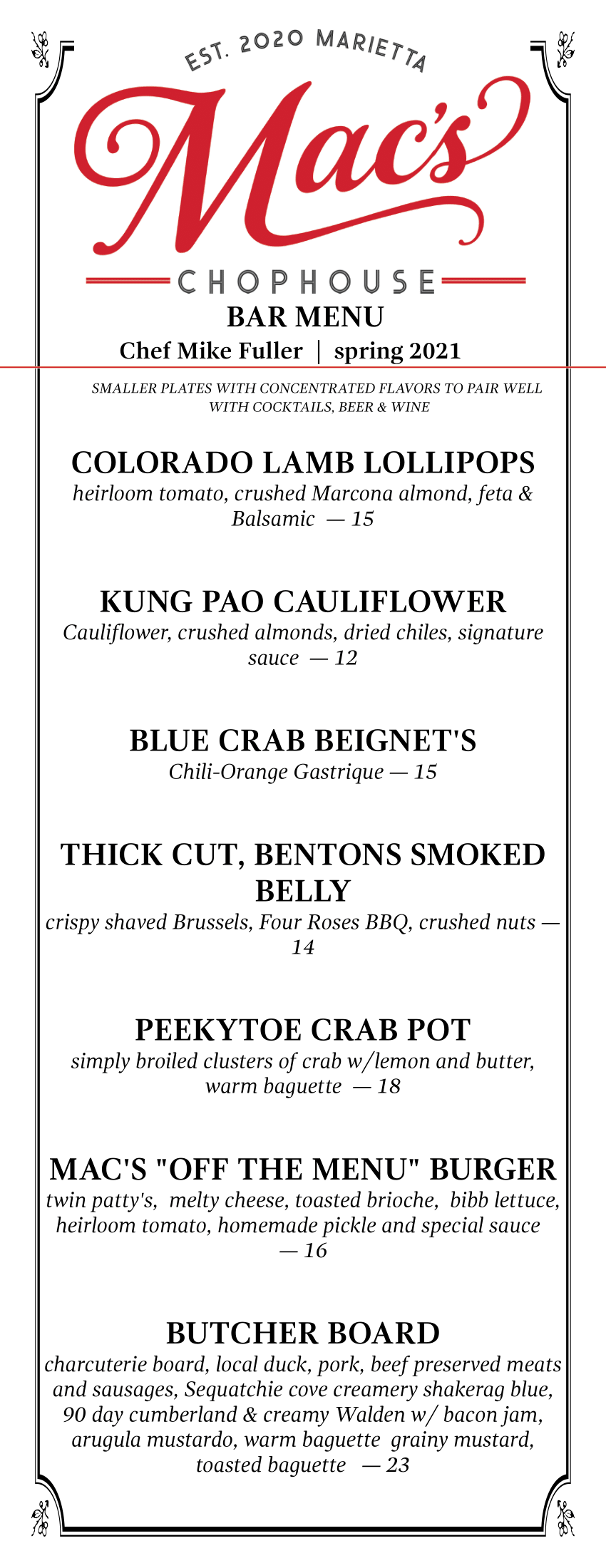 Bar Menu | Small Bites | Mac's Chophouse