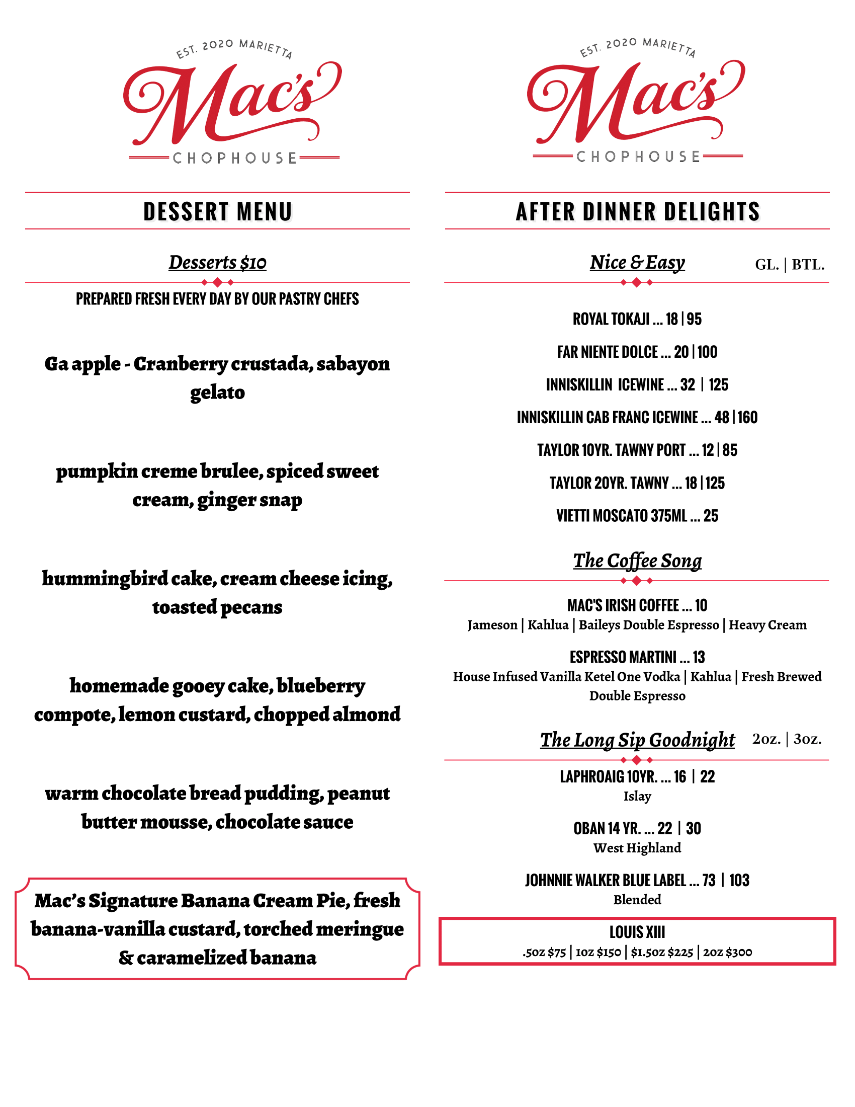 Desserts Marietta Square | Dessert Menu | Mac's Chophouse
