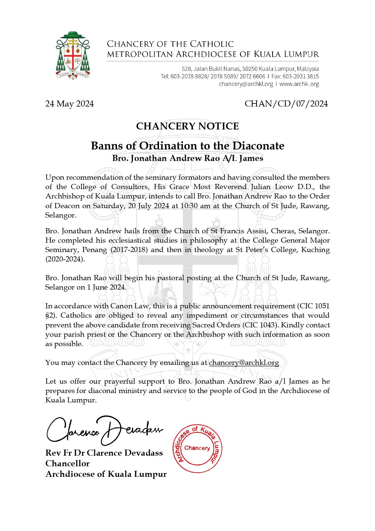 Banns of Ordination to the Diaconate Bro. Jonathan Andrew Rao A/L James