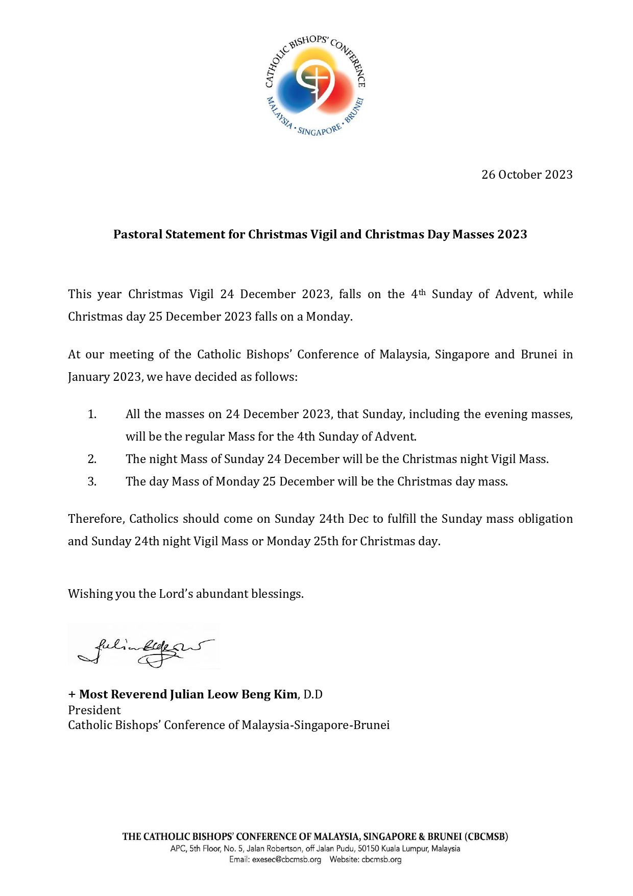Pastoral Statement for Christmas Vigil and Christmas Day Masses 2023
