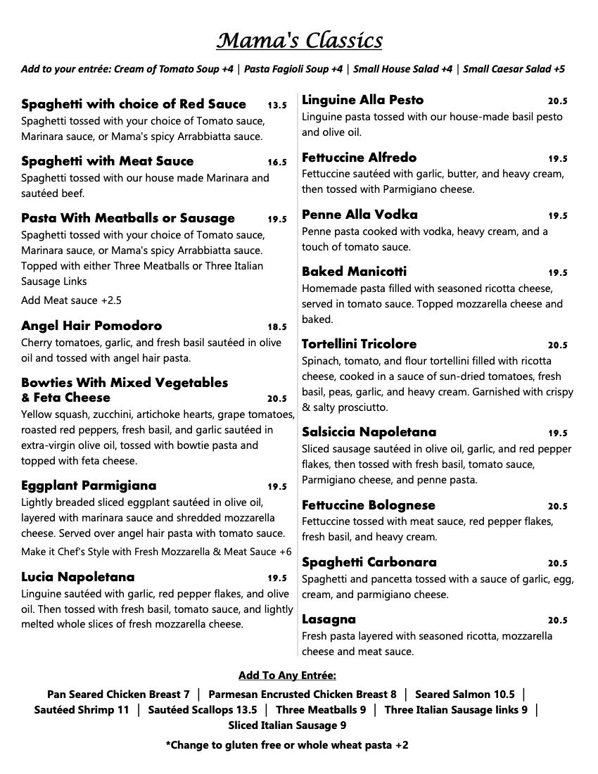 Dinner Menu | MAMA LUCIA's RESTAURANT