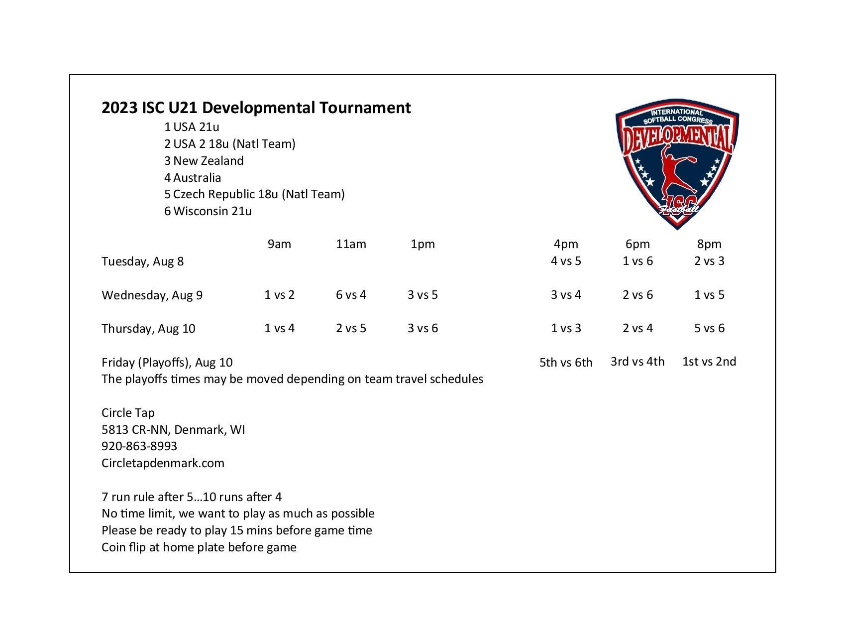 2023 ISC U21 Tournament Schedule