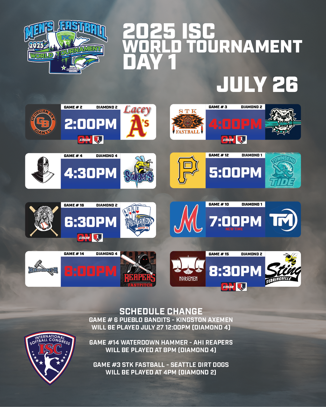 Day 1 Schedule for ISC World Tournament