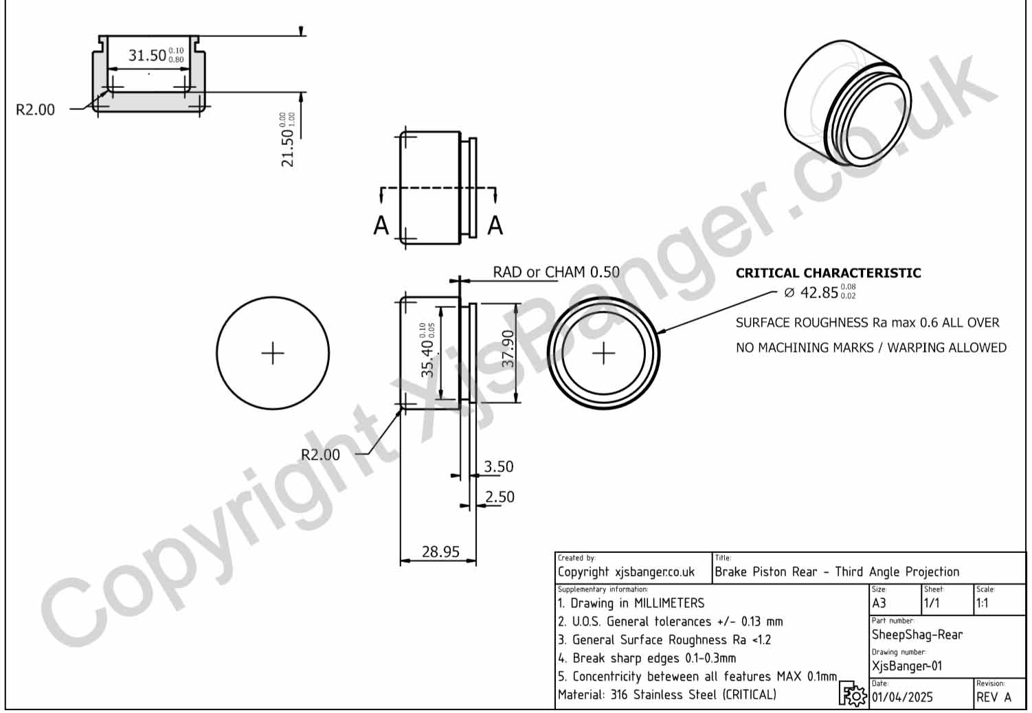 Jaguar XJS rear brake caliper piston - Blueprint