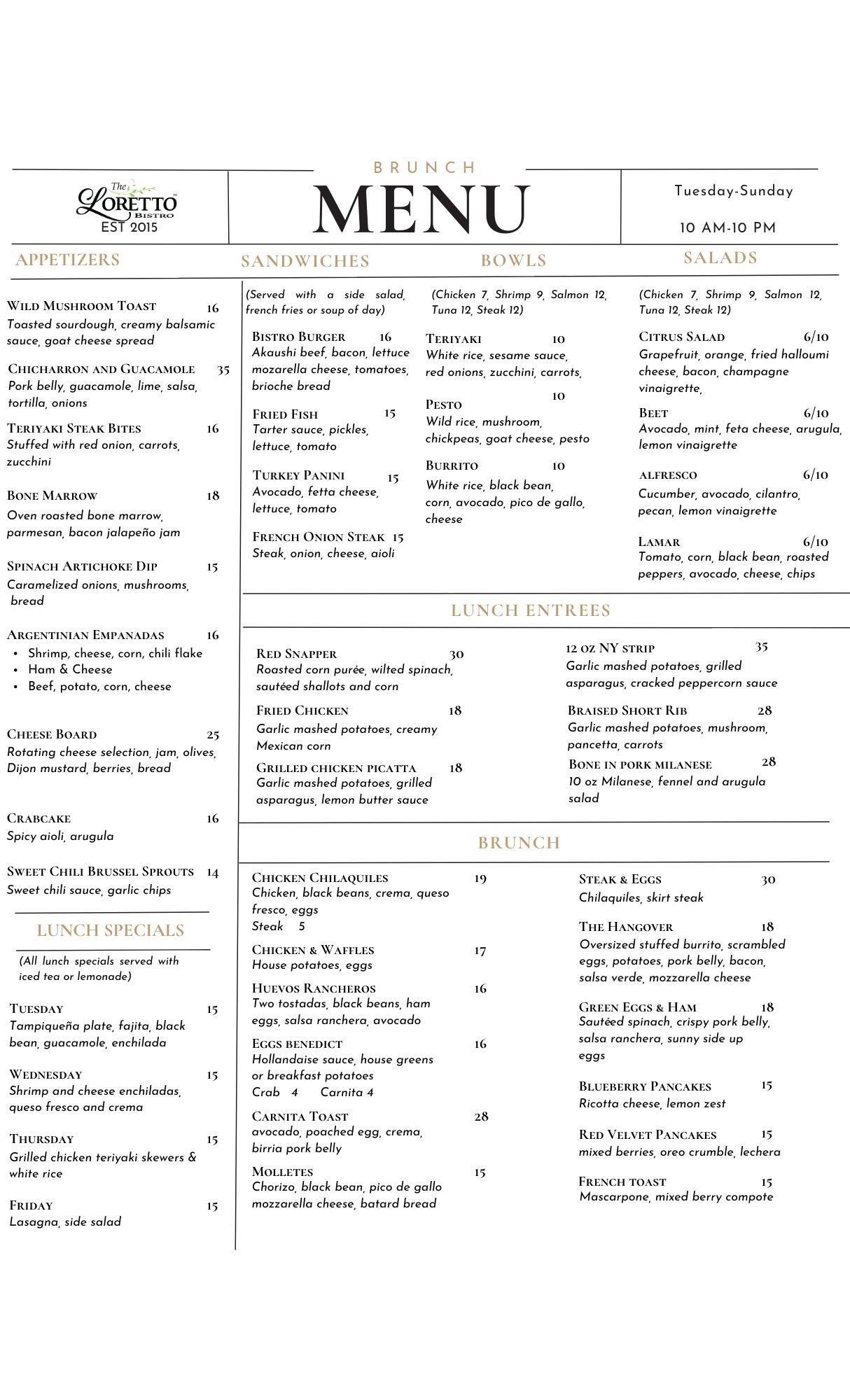 Menu | Loretto Bistro