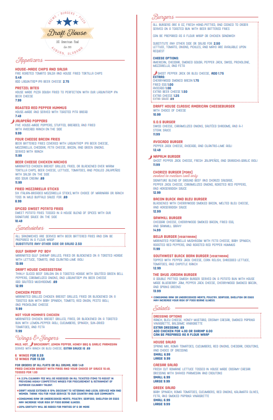 Draft Houes Menu | All American Food