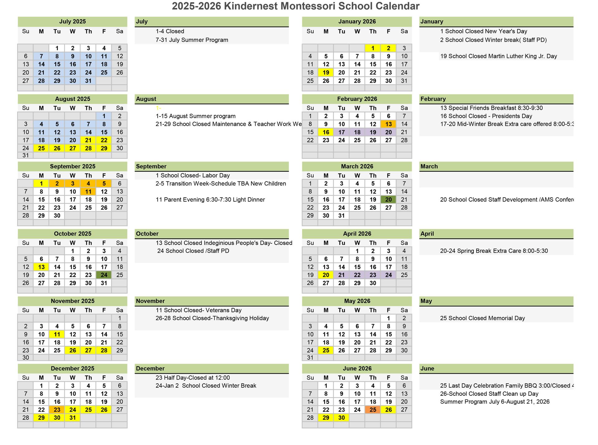School Calendar | Montessori Academic Year Newton MA