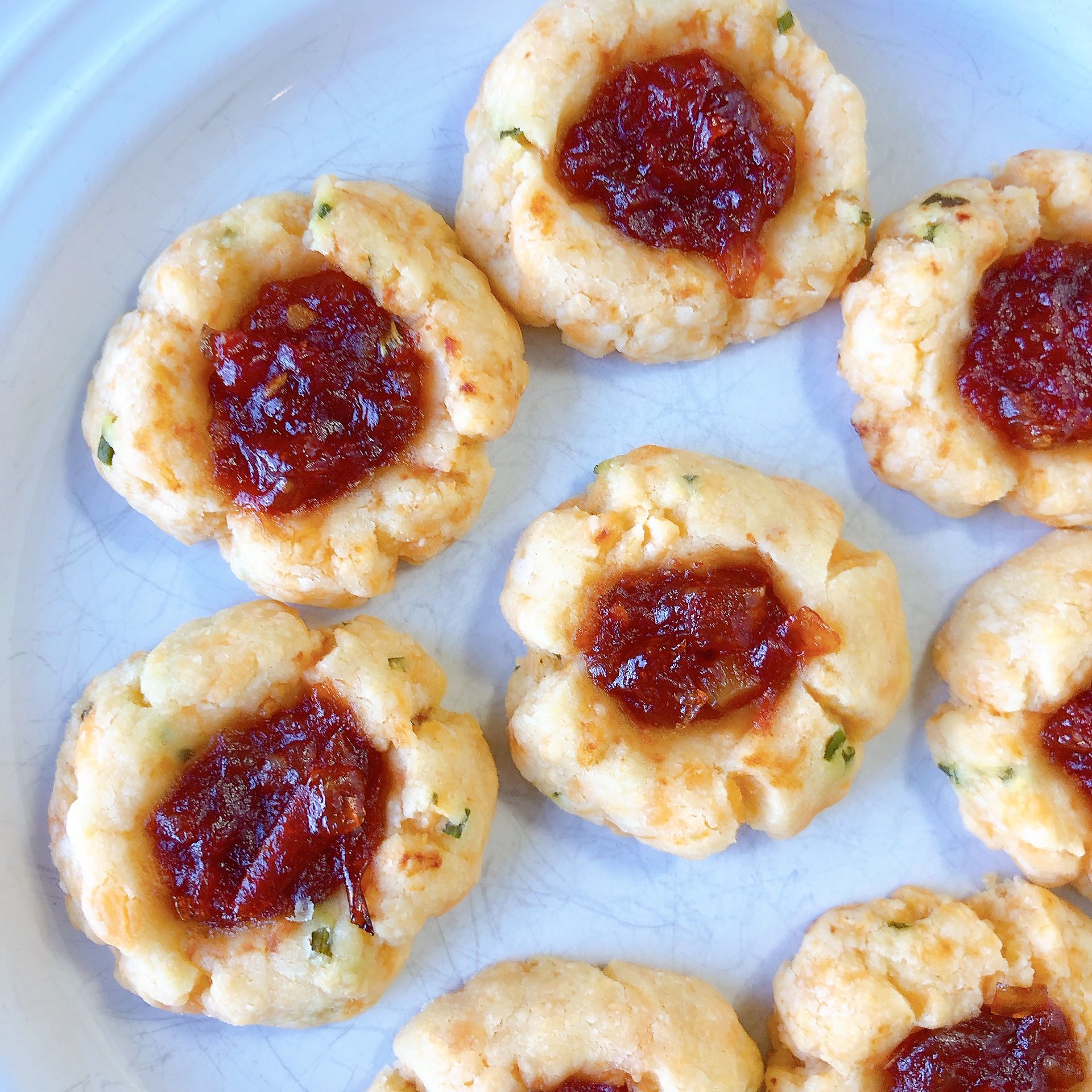 Cheddar and Chive Thumbprint biscuits with Heirloom Tomato-Vodka Jam