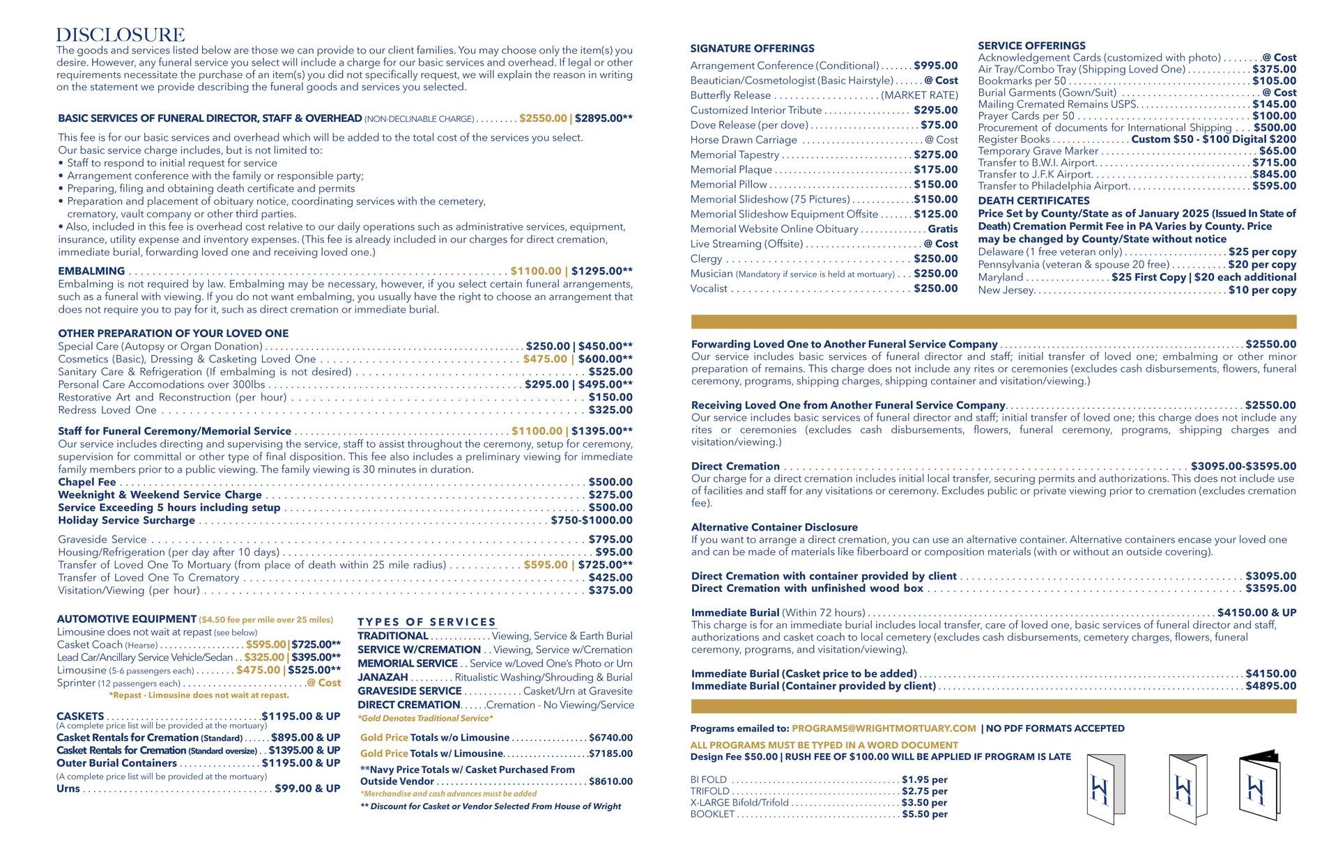 Price List | House of Wright Mortuary & Cremation Services, Inc.