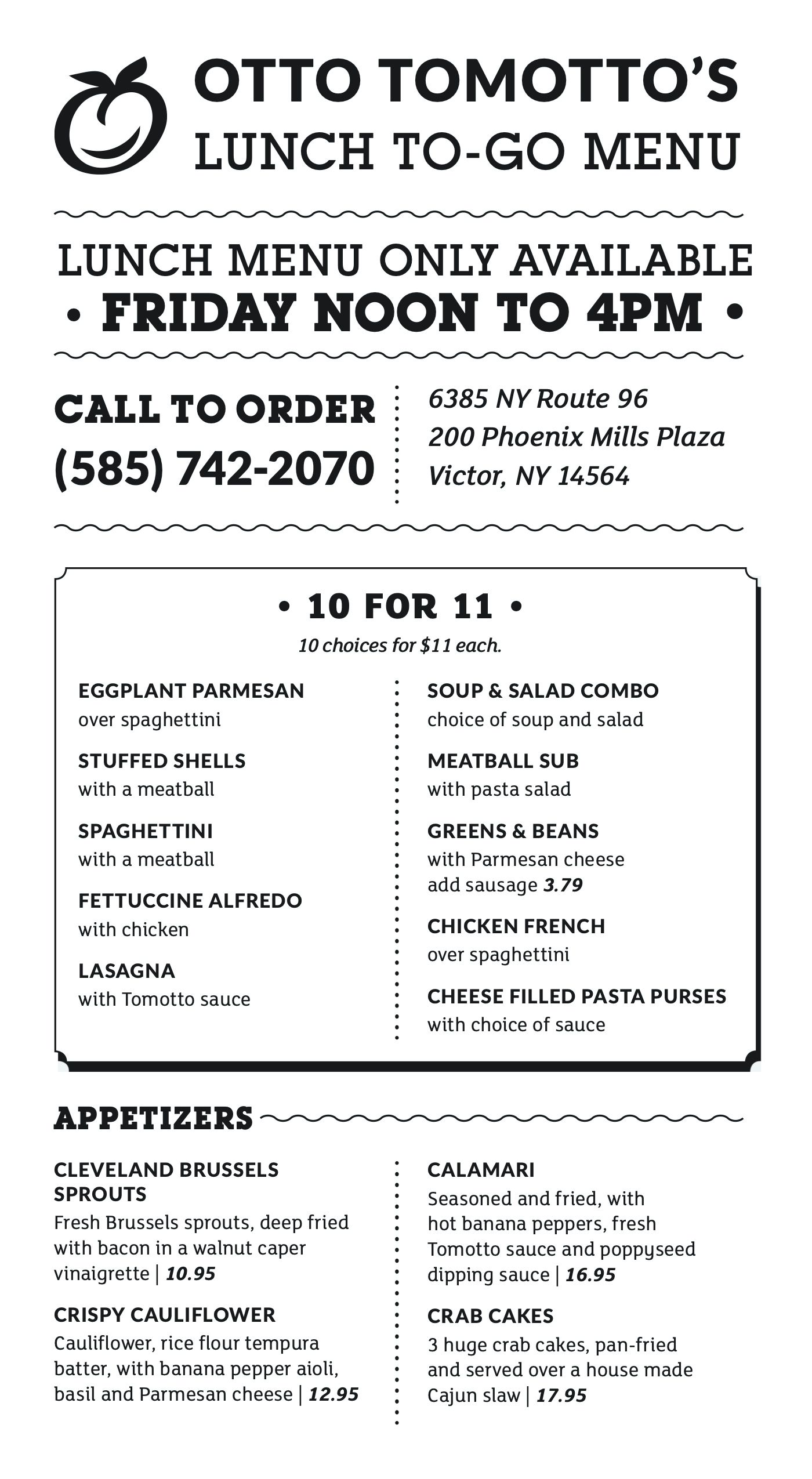 Lunch Menu | Otto Tomottos | Italian Restaurant