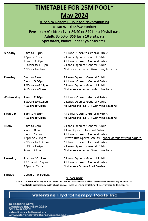 Swimming Pool Timetable | Croudace Bay | Valentine Hydrotherapy Pools