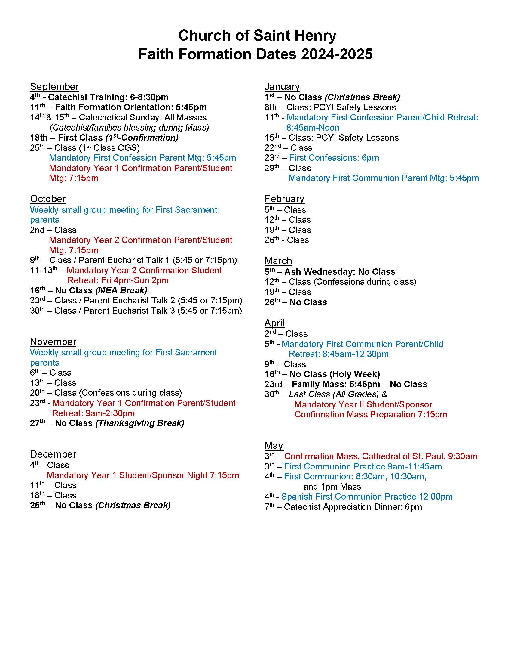 Faith Formation Calendar
