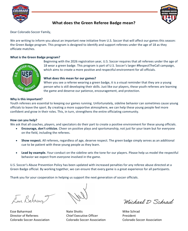 CSA Green Badge Program - Attention All Coaches and Parents