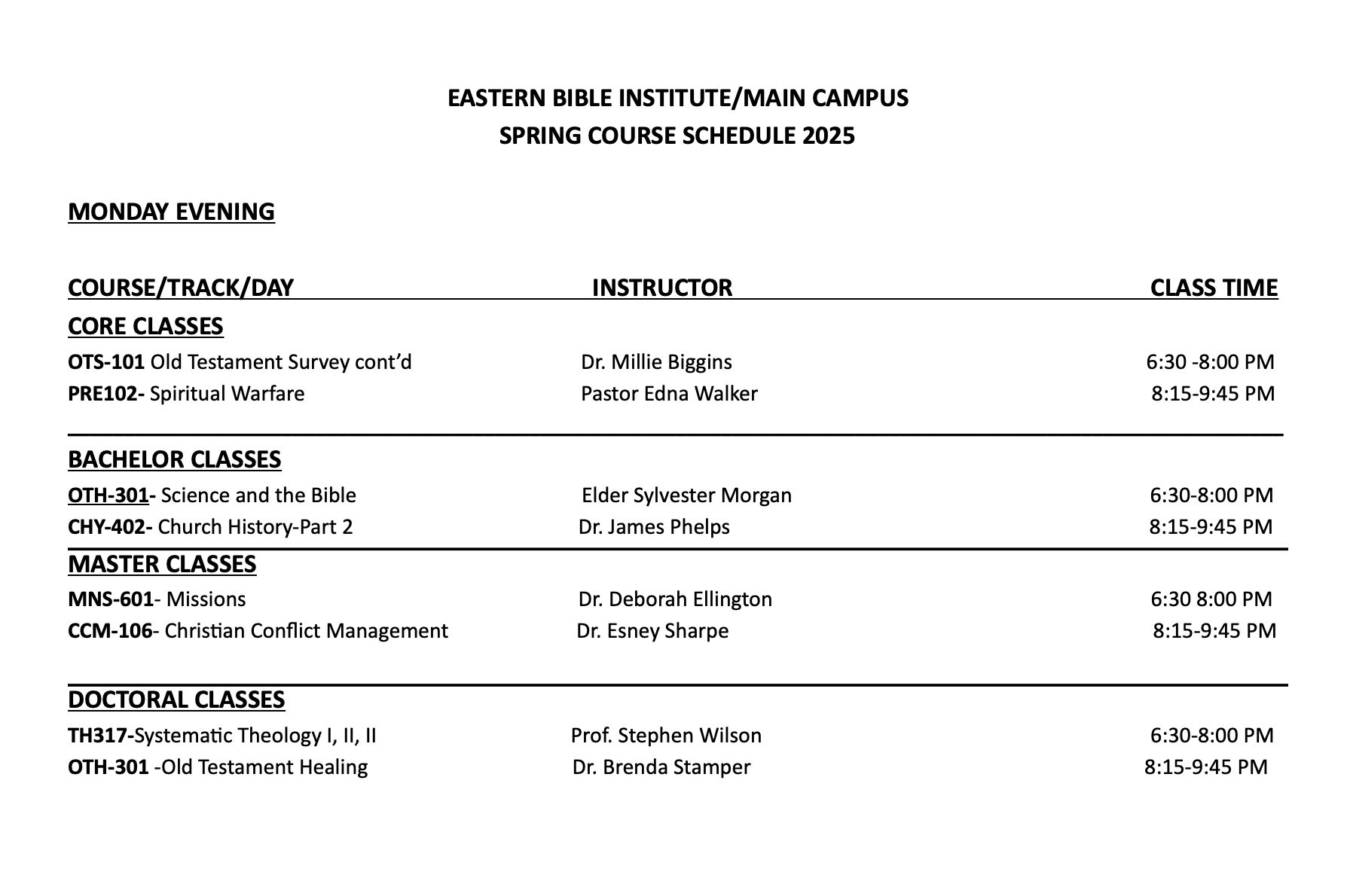 Calendar | Eastern Bible Institute