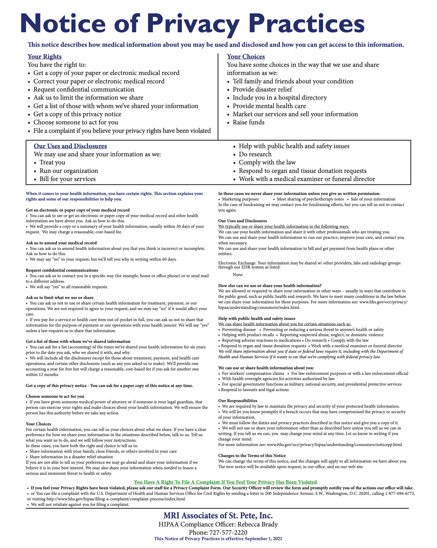 Patient Privacy and Rights Information | Saint Pete MRI