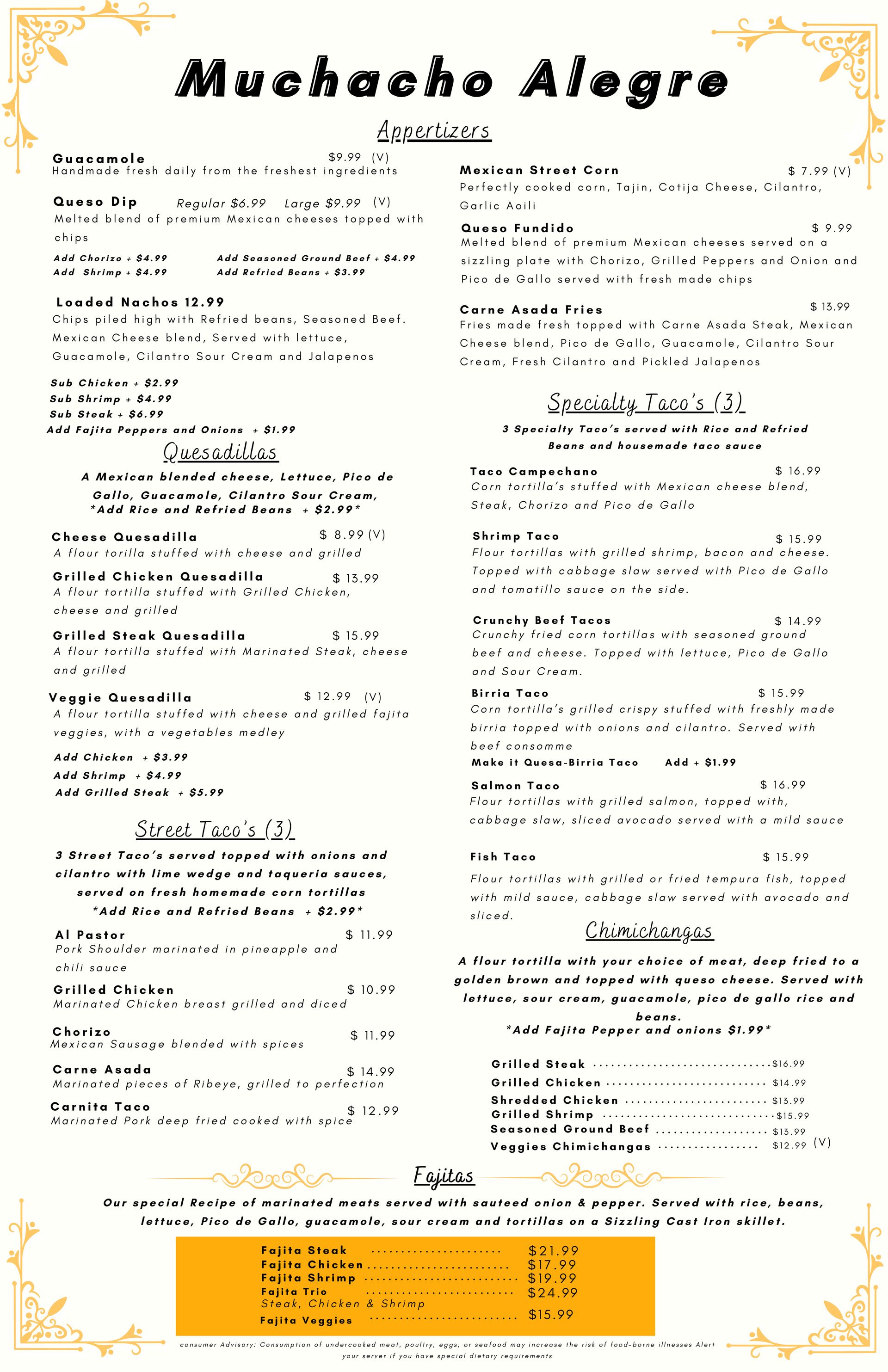 Mexican Food & Drinks Menu - Sevierville, TN - Muchacho