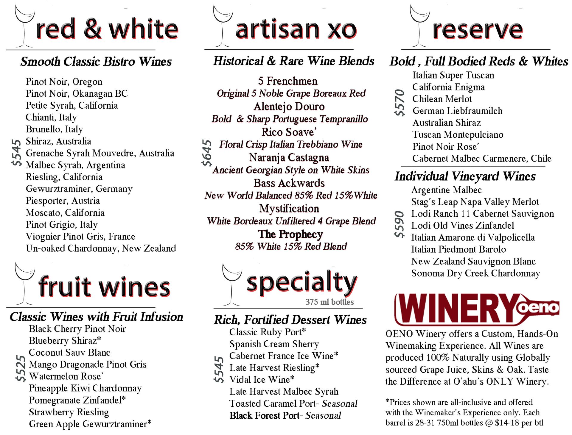 Wine Prices | Kailua, HI | Oeno Winemaking