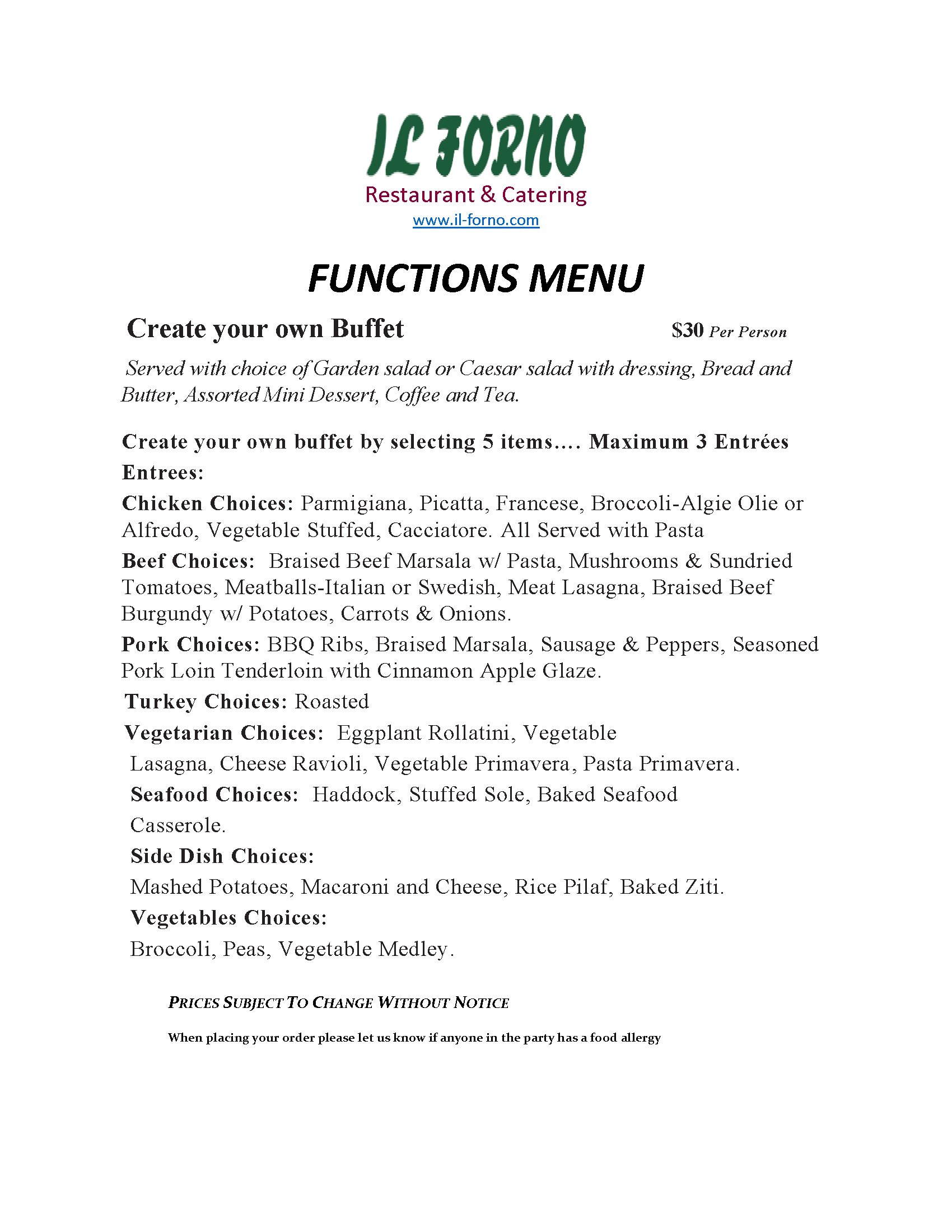 Functions Menu | Il Forno Restaurant & Catering