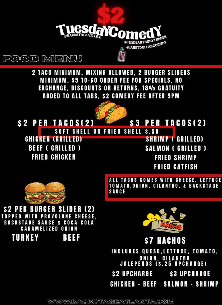 Food Menu | Atlanta, GA | Backstage Atlanta