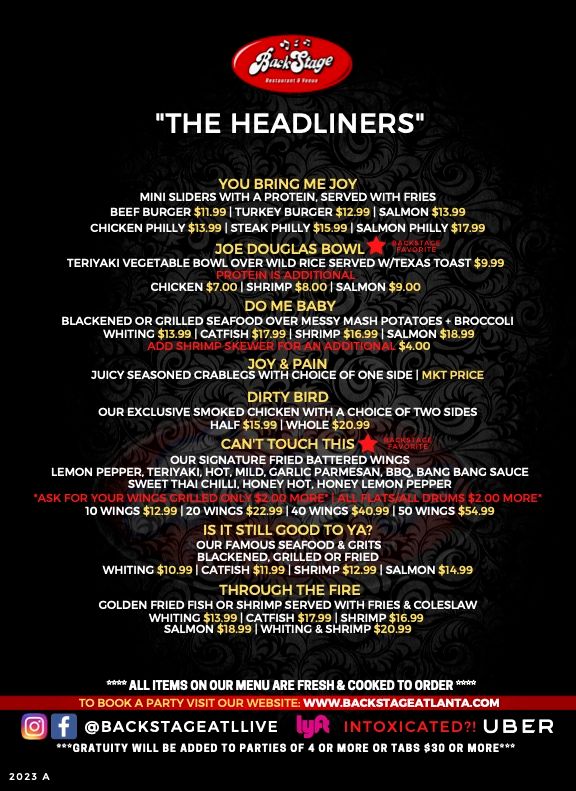 Menu - Backstage Atlanta