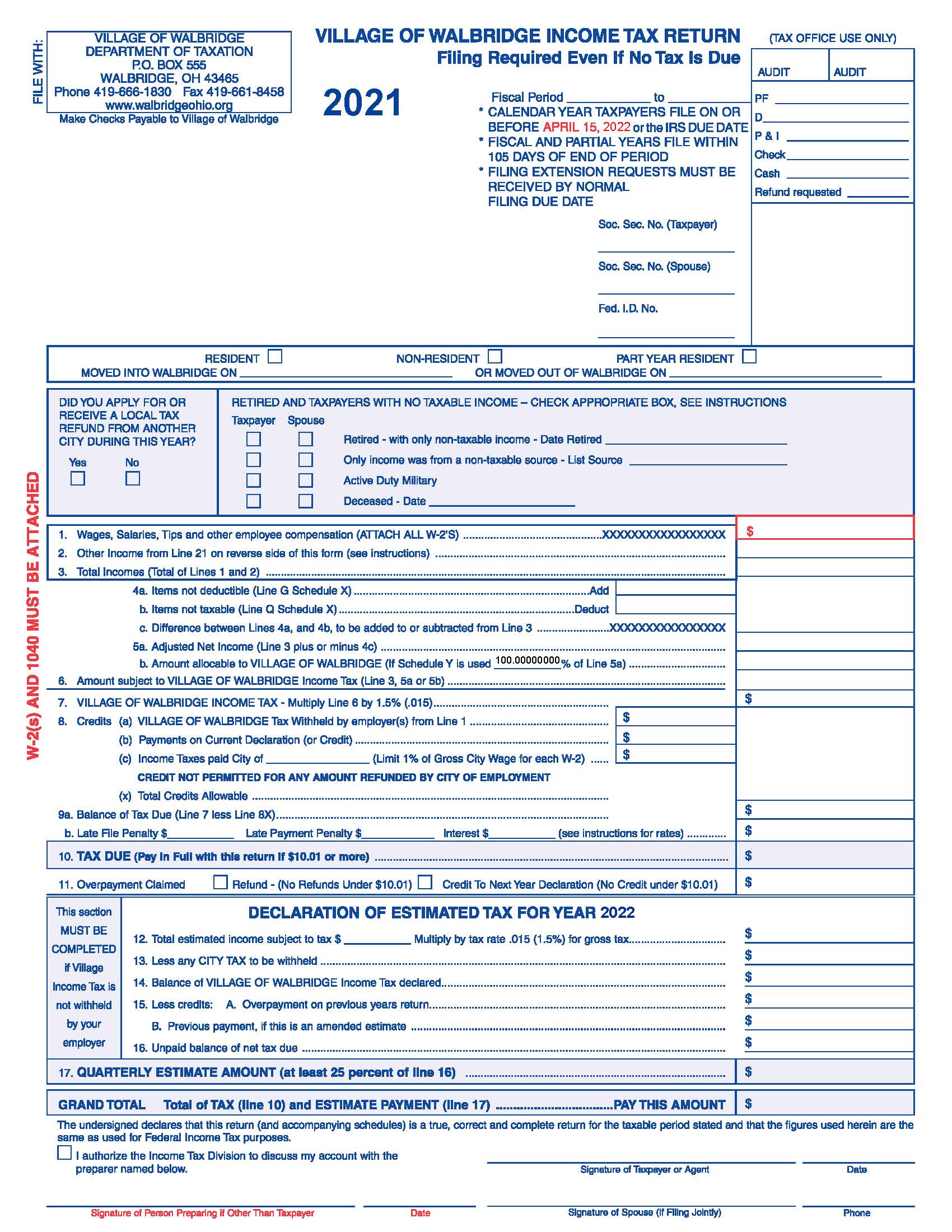 Village of Walbridge Ohio Tax Forms
