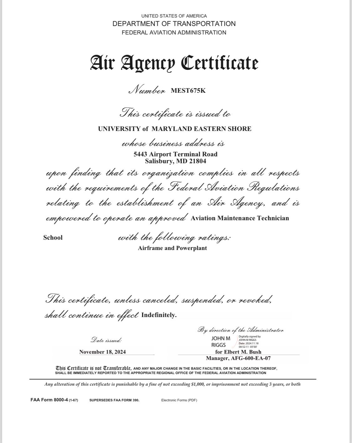 UMES Receives FAA Certification for Aviation Maintenance Technician ...
