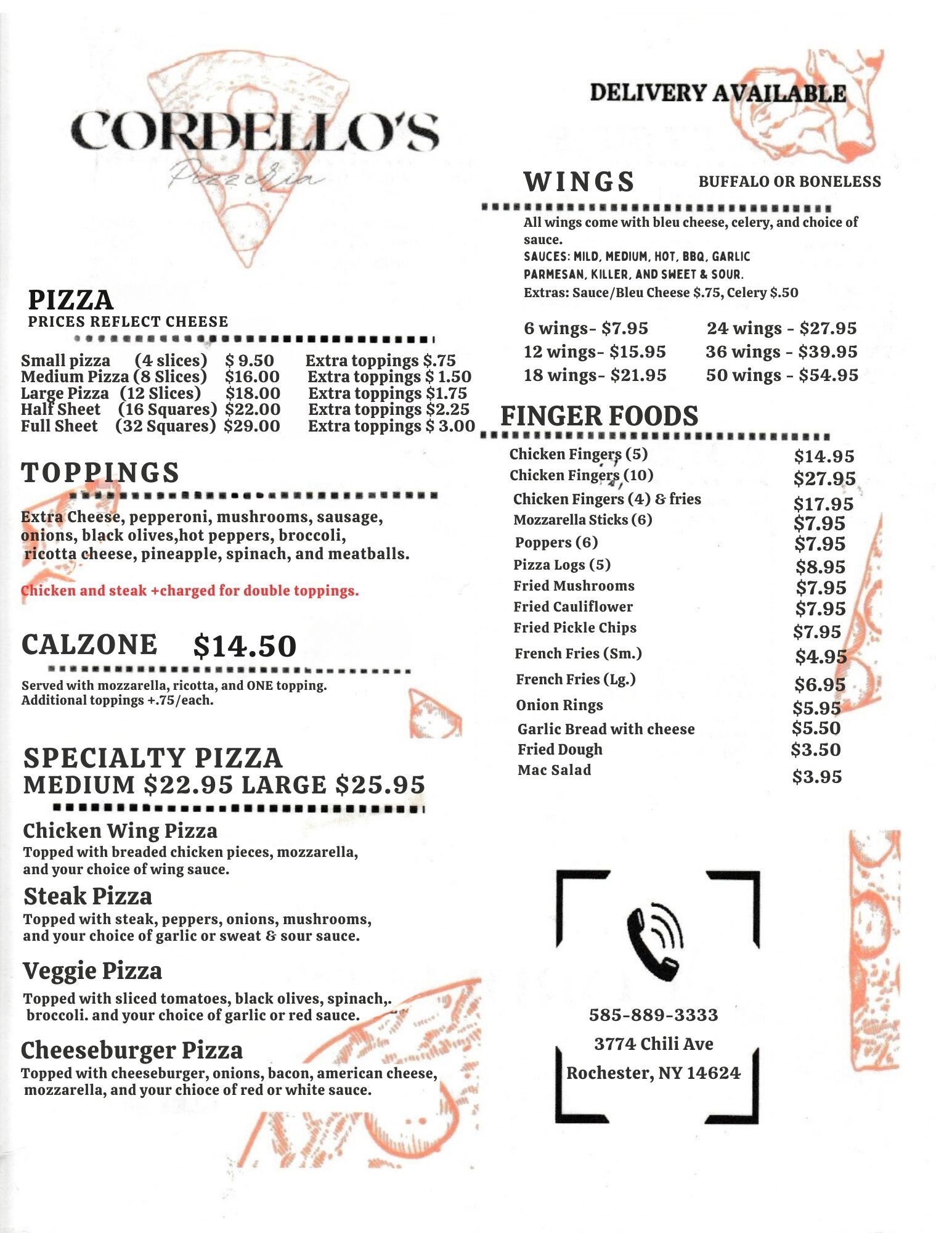 cordellos chili pizza, pizza,wings,subs,menu