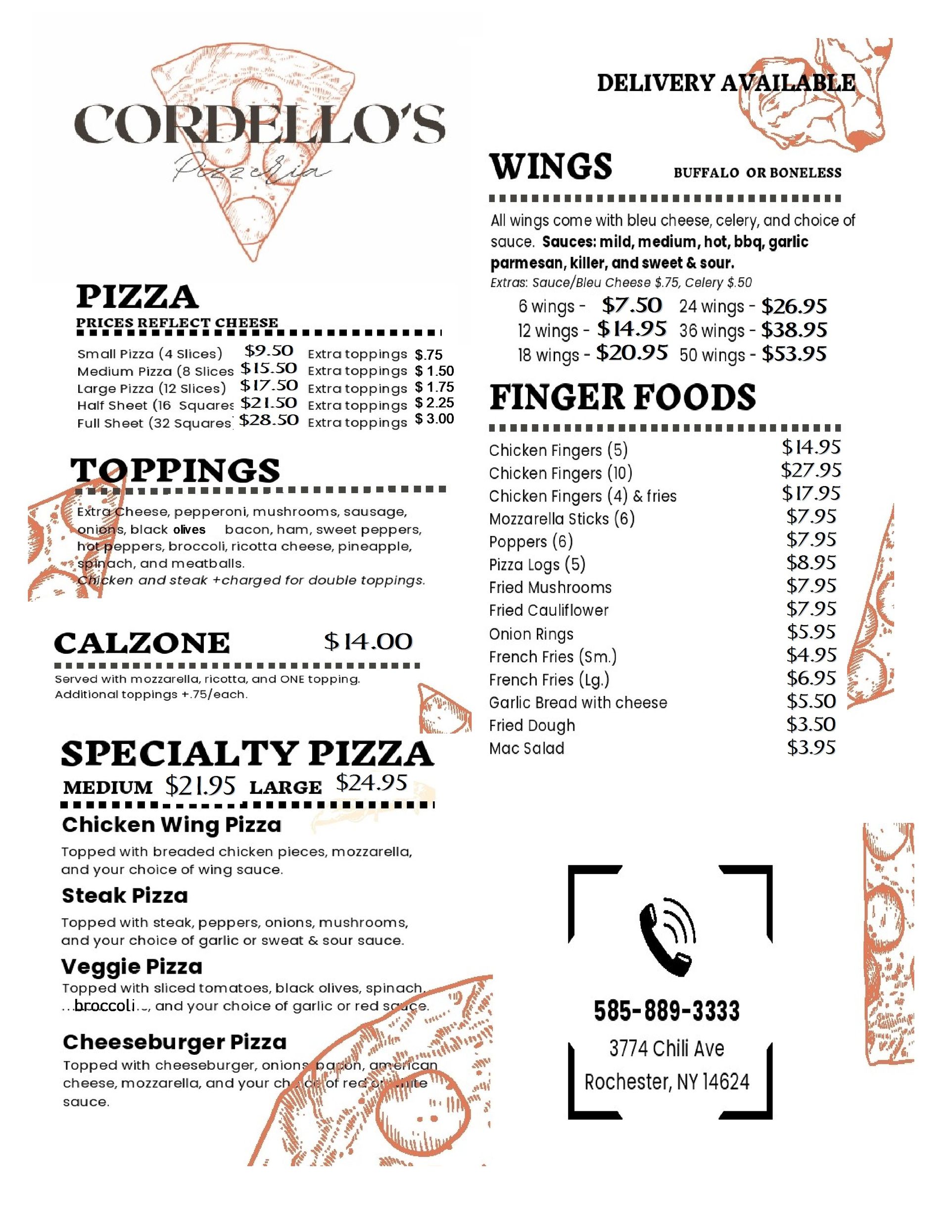 cordellos chili pizza, pizza,wings,subs,menu